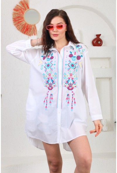 Tom Free Denim Giyim Nakış Desenli Fermuarlı Bayan Gömlek