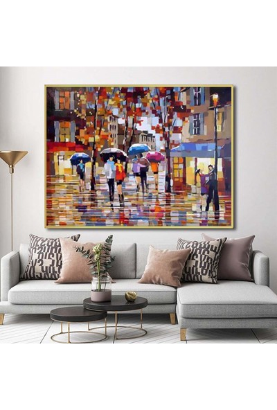 Tablo Plus Soyut Yağmurda Yürüyen Çiftler Yağlı Boya Tablo