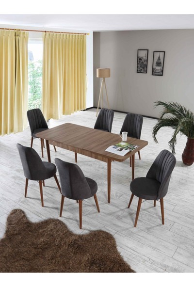 Morkese Sunlike Serisi Sümela Gold 6 Sandelyeli Açılabilir Yemek ve Mutfak Masa Takımı - Gri