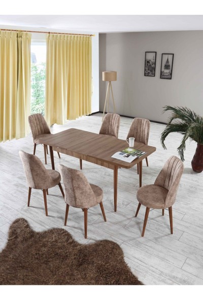 Morkese Sunlike Serisi Sümela Gold 6 Sandelyeli Açılabilir Yemek ve Mutfak Masa Takımı - Koyu Cappucino