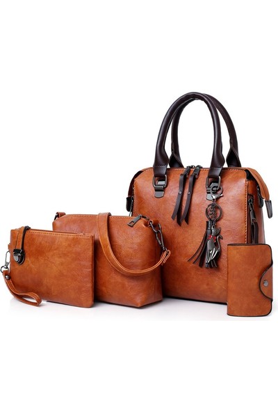 Xinh 4 Adet / Camel Renk Bayanlar Çanta Pu Deri Tek Omuz Messenger Çanta Kompozit Çanta (25 x 12 x 23 cm.) (Yurt Dışından)