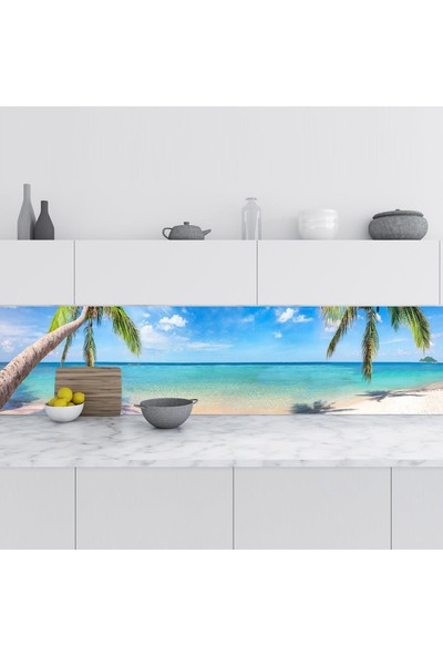 Sticker Art Mutfak Tezgah Arası Folyo Fayans Kaplama Folyosu Tropikal Plaj 60X400 cm