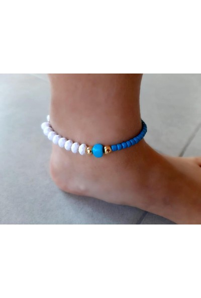Rengarenk Yeni Trend Fimo Beyaz Boncuk ve Mavi Cam Boncuklu Halhal Rengarenk Yeni Trend Fimo Beyaz Boncuk ve Mavi Cam Boncuklu Halhal