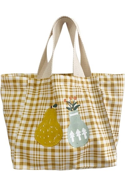 Taşınabilir Öğle Yemeği Çantası Kore Ekose Tote Piknik Gıda Baskı Desen Kadın Küçük Tote Sevimli Çocuk Kutusu (Sarı)