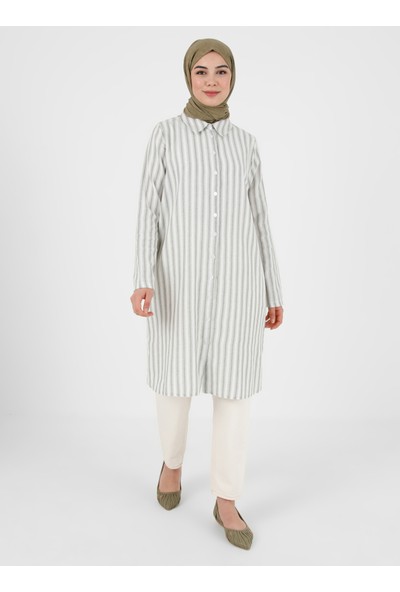 Tavin Yanları Yırtmaçlı Çizgili Tunik - Haki - Tavin