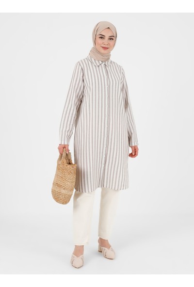 Tavin Yanları Yırtmaçlı Çizgili Tunik - Vizon - Tavin