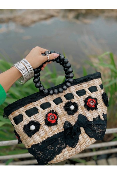 Alaçatı Serisi Hasır Plaj Çantası - Black Pearl