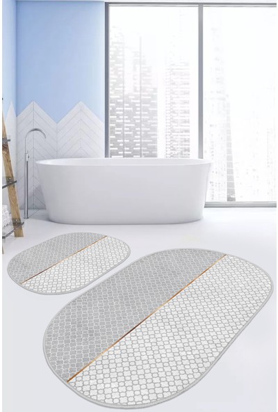 RealHomes Gri Beyaz Ogea Özel Tasarımlı 2'Li Elips Kaymaz Tabanlı Banyo & Mutfak Paspas Takımı RealHomes Gri Beyaz Ogea Özel Tasarımlı 2'Li Elips Kaymaz Tabanlı Banyo & Mutfak Paspas Takımı