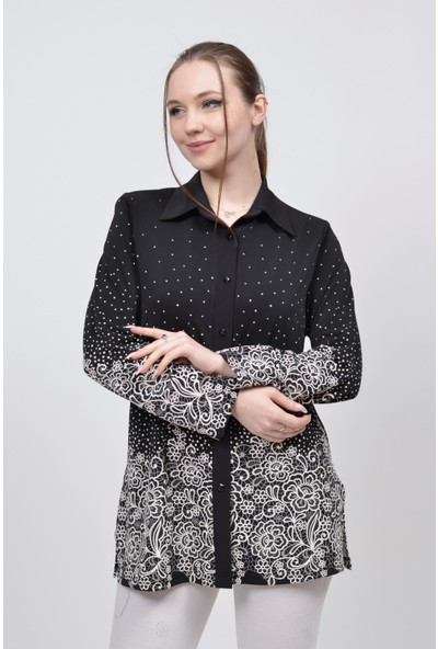 Tusse Kolları ve Eteği Çiçek Desenli Flok Baskılı Büyük Beden Anne Gömlek