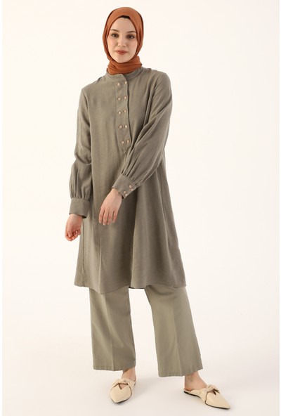 Hakim Yaka Çift Düğmeli Keten Tunik