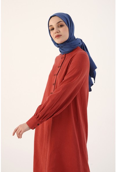 Hakim Yaka Çift Düğmeli Keten Tunik