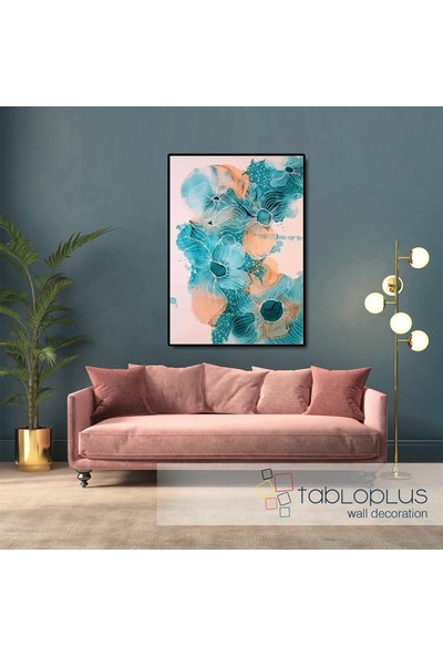 Tablo Plus Soyut Çizgili Mavi Çiçek Yağlı Boya Dokulu Tablo