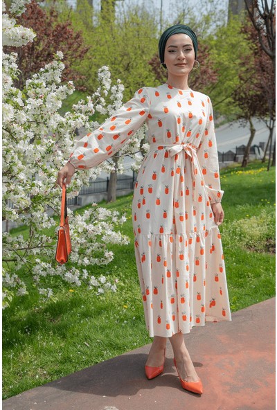 Sevitli Turuncu Keten Kumaş Ananas Desenli Uzun Elbise