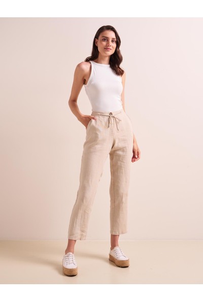 Jimmy Key Kadın Bej Düz Kesim Beli Lastikli Cepli Keten Pantolon