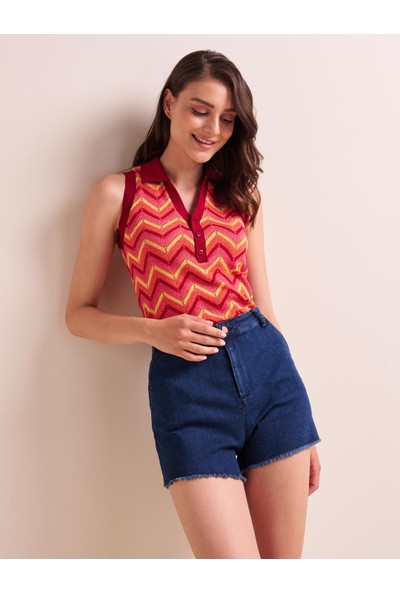 Jimmy Key Kadın Karışık Düz Kesim Polo Yaka Kolsuz Desenli Örme Bluz Jimmy Key Kadın Karışık Düz Kesim Polo Yaka Kolsuz Desenli Örme Bluz