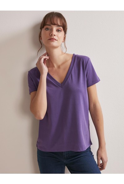 Jimmy Key Kadın Mor Düz Kesim V Yaka Kısa Kollu Örme T-Shirt