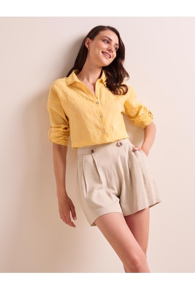 Jimmy Key Kadın Sarı Düz Kesim Basic Keten Gömlek