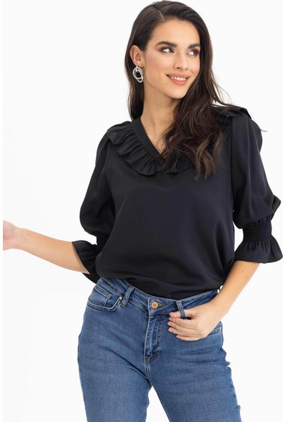 Seçil Kadın Yakası Fırfırlı Bluz 2911031 Siyah