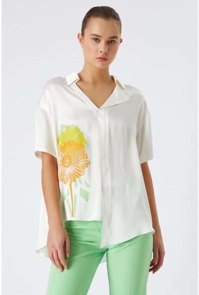 Fever Kadın Baskılı Saten Gömlek 566321117027 Ekru
