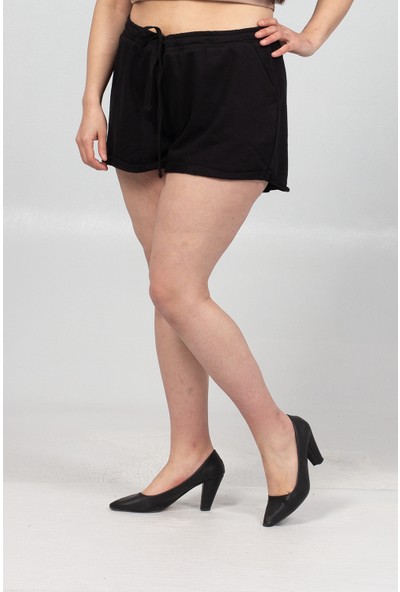 Truva Xxl Büyük Beden Kadın Giyim Bel Ayarlanabilir Cepli Kısa Şort Siyah KŞ026