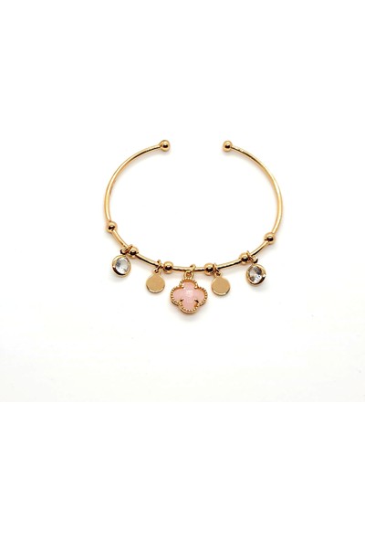 Pag Accessories Altın Kaplama Çelik Pembe Taşlı Yonca Detaylı Kelepçe Bileklik Pag Accessories Altın Kaplama Çelik Pembe Taşlı Yonca Detaylı Kelepçe Bileklik