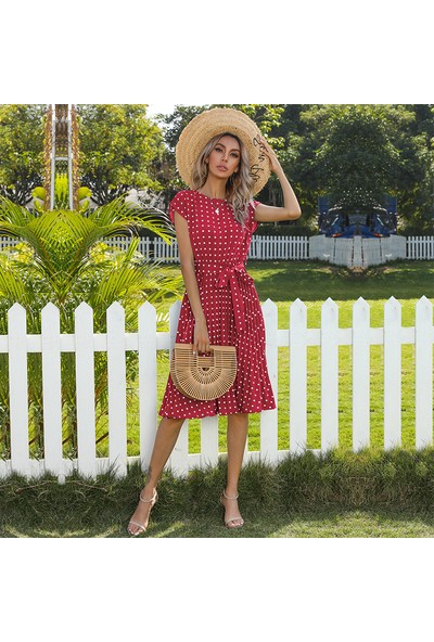 Lanbo 2022 Yaz Yeni Orta Boy Puantiyeli Yuvarlak Boyun Kısa Kollu Bağcıklı Pilili Kadın Elbise (Yurt Dışından)