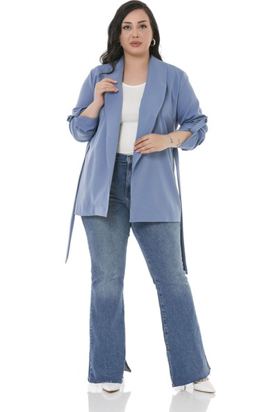 Disentis Modest Büyük Beden Şal Yaka Kendinden Kuşaklı Katlamalı Kollu Mavi Ceket