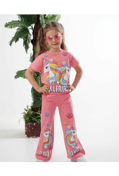 Minotto Kids Minotto Kids Kız Çocuk Pembe Unicorn Desenli Ispanyol Paça Penye 2'li Takım