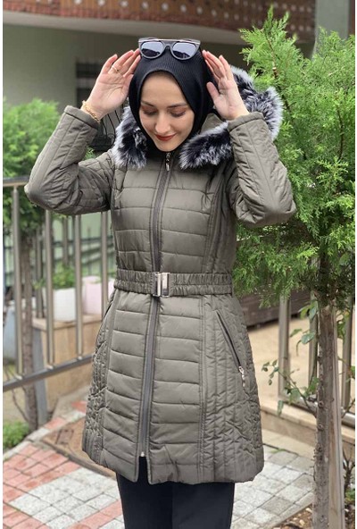 Moda Çizgi Kemerli Şişme Tesettür Mont Haki Moda Çizgi Kemerli Şişme Tesettür Mont Haki