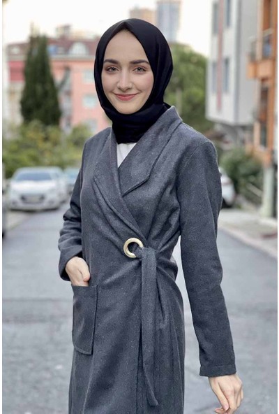 Sinelay Moda Çizgi Kaşe Kaban Gri