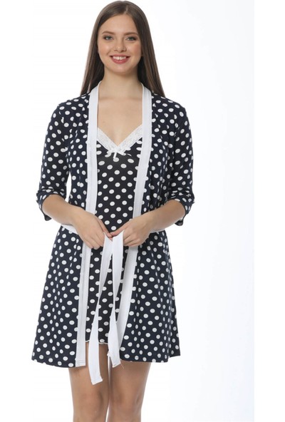 Moda Çizgi Bayan Lacivert Puantiyeli Gecelik Sabahlık Takım 1212