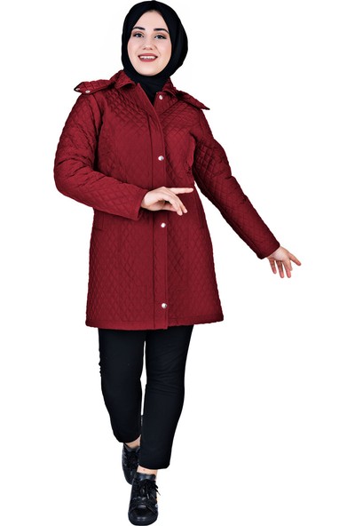 Moda Çizgi Kapüşonlu Kapitone Tesettür Mont Vişne