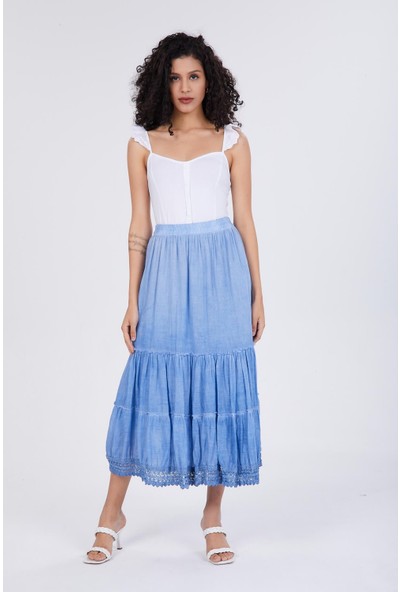 Mavi Beli Lastikli Astarlı Yıkamalı Etek