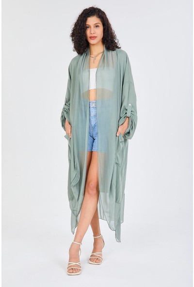 Kadın Haki Italyan Ipek Tüllü Kaftan