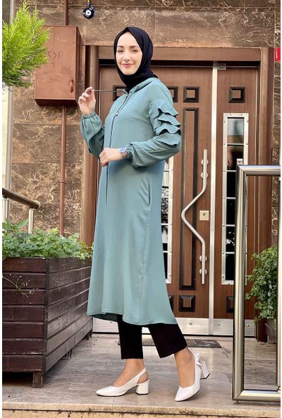 Moda Çizgi Kapişonlu Kap Çağla Yeşili