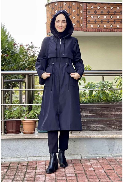 Moda Çizgi Çanta Hediyeli Trençkot Lacivert