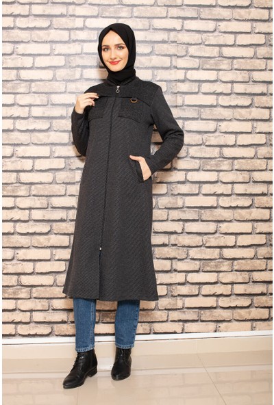 Sinelay Moda Çizgi Omuzu Parçalı Antrasit Tesettür Kap