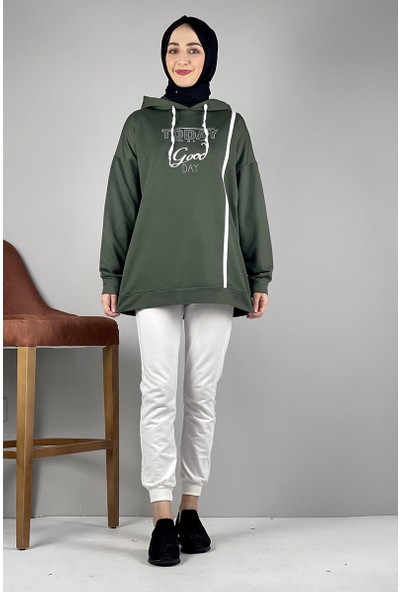 Sinelay Moda Çizgi Kapşonlu Baskılı Sweatshirt Haki Sinelay Moda Çizgi Kapşonlu Baskılı Sweatshirt Haki