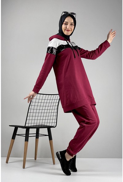 Sinelay Moda Çizgi Pul Payet Detaylı Eşofman Takımı Bordo