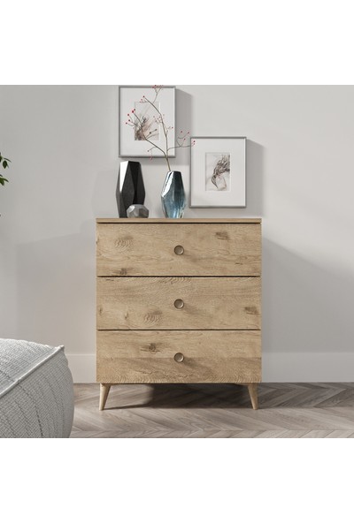 Kzn Home Gardenya 3 Çekmeceli Meşe Şifonyer - Tamamı 1. Kalite Mdf