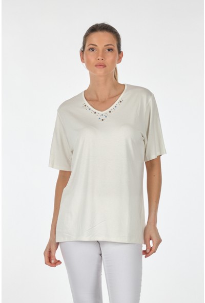 Desen Bisiklet Yaka Çiçekli Kısa Kollu Ekru Kadın Bluz 22121816