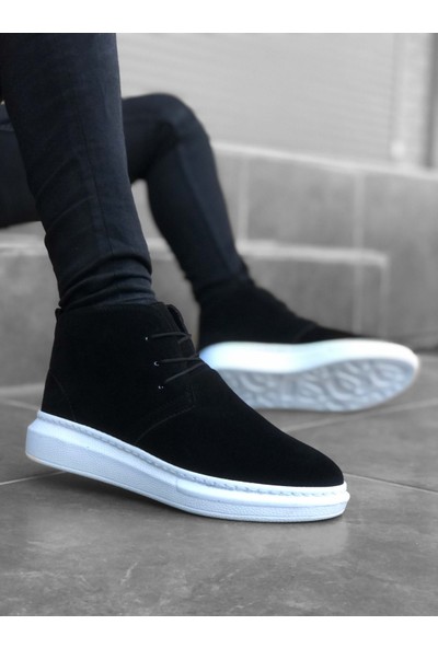 ER0190 Erb Bağcıklı Snekaers Siyah Süet Yüksek Taban Yarım Bilek Bot