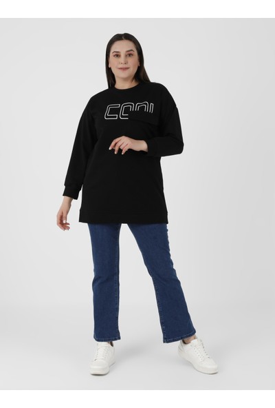 Alia Büyük Beden Baskılı Cep Detaylı Tunik - Siyah - Alia