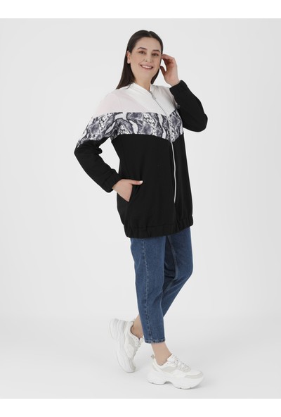 Alia Büyük Beden Doğal Kumaşlı Garnili Fermuarlı Spor Kap - Siyah Pudra Ekru - Alia Alia Büyük Beden Doğal Kumaşlı Garnili Fermuarlı Spor Kap - Siyah Pudra Ekru - Alia