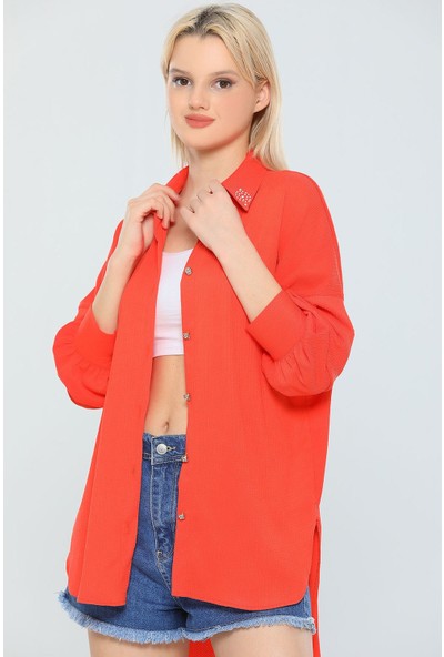Orange Kadın Arkası Uzun Yaka Taş Detaylı Salaş Tunik Gömlek