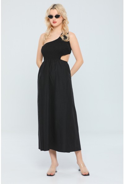Julude Siyah Kadın Tek Omuz Bel Dekolteli Uzun Elbise
