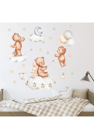 Piksel Grafik Sevimli Ayıcıkların Yıldız Toplama Oyunu Çocuk Odası Duvar Sticker