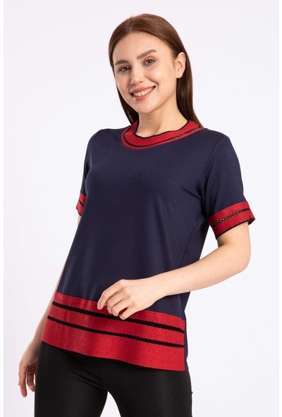 Desen Triko Kadın Sıfır Yaka Ribanalı Truvakar Kol Penye Bluz 20719
