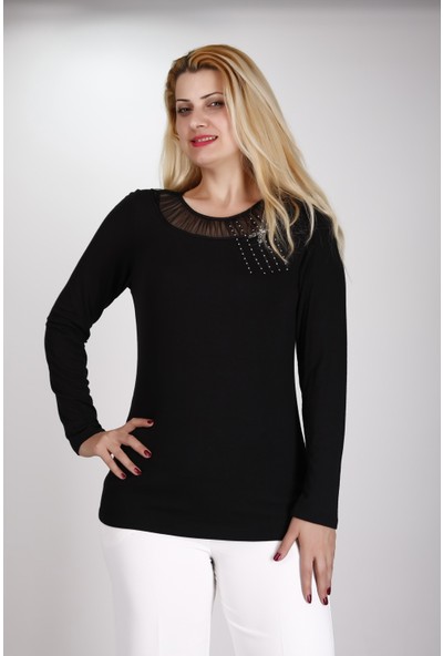 B.yğc Yaka Tül Detaylı Siyah Uzun Kol Bluz 322