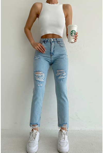 MyLove Distressed Cool Mom Jean Buz Mavi